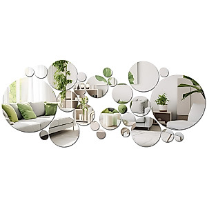 DIBALIYI 32 Pcs Acrylic Mirror Wall Stickers, Removable Wall Decal Mirror Set, Bathroom Wall Sticker Art, Circle Ceiling Mirrors for Bedroom, Home, Living Room, Sofa TV Background Decor (Small)