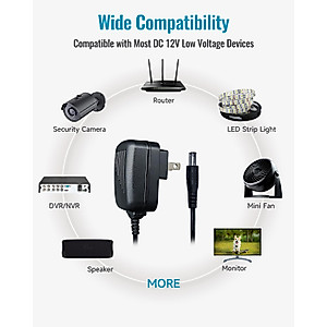 12V 1A 5ft Power Supply Adapter,100-240V 50/60Hz AC to DC 12V 1000mA 12W 5.5mm*2.1mm Universal Wall Charger with DC Connectors 5.5 * 2.5mm/3.5 * 1.35mm/4.0 * 1.7mm, Center Positive, UL FCC VI