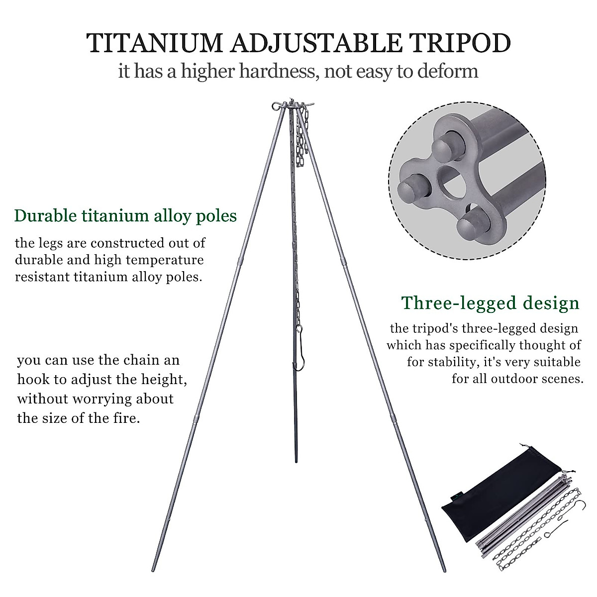 iBasingo Outdoor Titanium Pot with Lid Folding Handle Camping Hanging Cookware Hiking Picnic Ultralight Bowl Tableware (Ti9013O-Tripod)