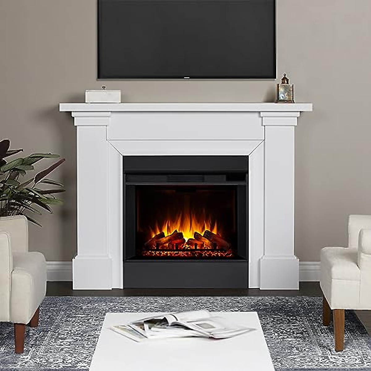 Real Flame Manus 64" Grand Electric Fireplace, Free-Standing with Mantel & Real Wood Finish - 6 Flame Colors, 5 Brightness Levels