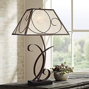 Franklin Iron Works Teri Rustic Farmhouse Table Lamp 27" Tall Vintage Brown Scroll Metal Light Mica Tapered Rectangular Shade for Bedroom Living Room House Home Bedside Nightstand Office Entryway