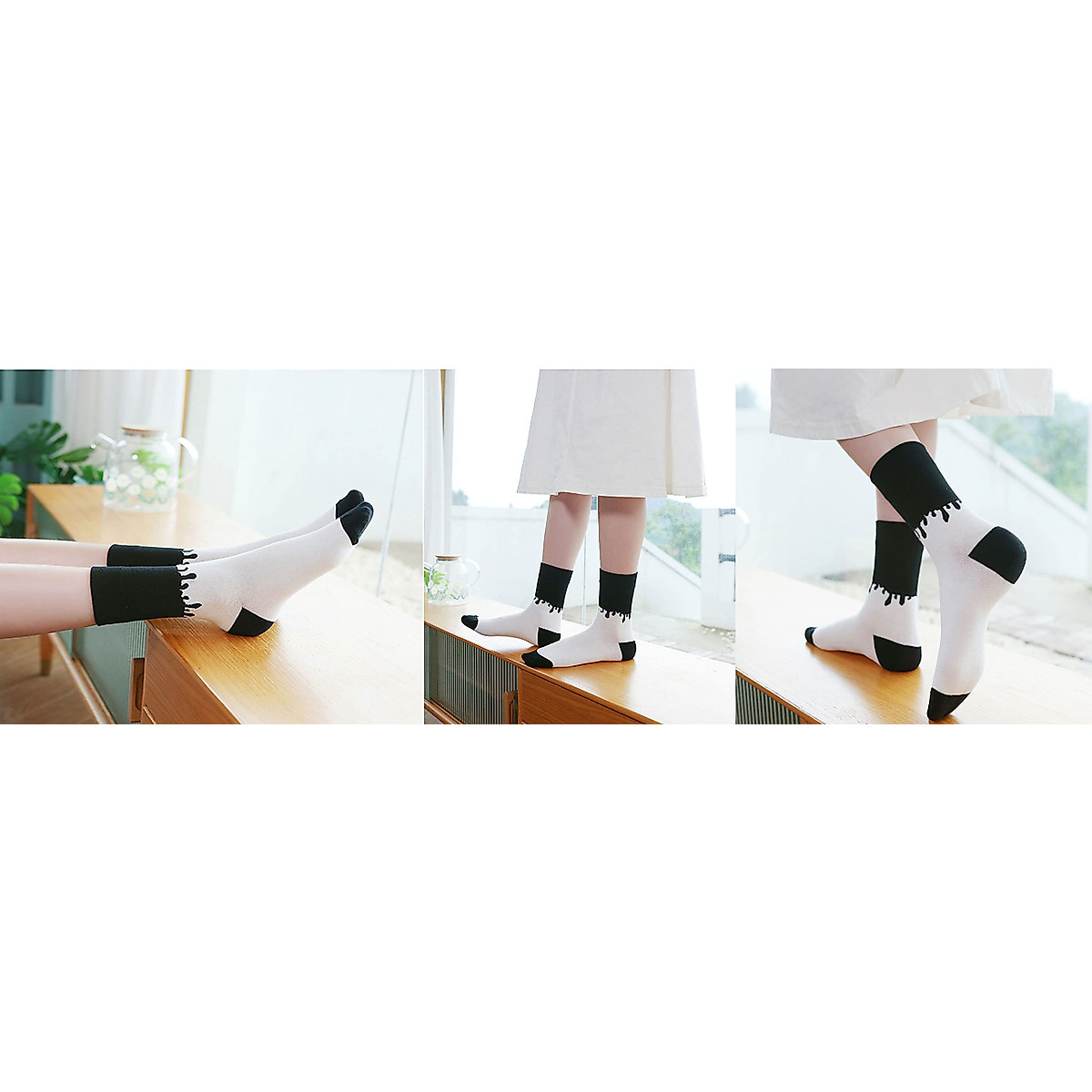 Joylife Cow Pattern Crew Socks Novelty Black White Quartz Socks Striped Checkered Dress Socks for Women, Lady, Girls, 7 Pack