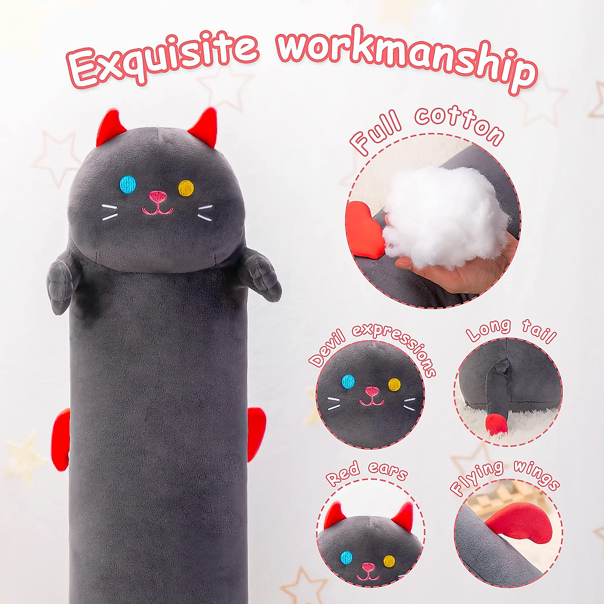 Mewaii Long Cat Plush Body Pillow, 20” Cute Black Cat Stuffed Animals Kawaii Soft Plushies, Kitten Plush Pillow Doll Toy Gift for Girls Boys