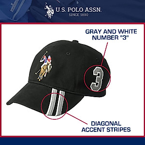 U.S. Polo Assn. Dad Hat, Embroidered Horse Logo Adjustable Adult Baseball Cap with Diagonal Accent Stripes, Black, One Size