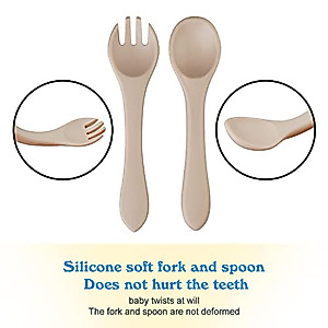 Silicone Baby Feeding Set,4 pcs Suction Plates for Baby,Divided Plates for Toddlers and Kids,Baby Spoon Fork Set for Toddlers,Silicone Plates for Kids (Beige)