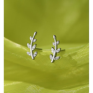 Reffeer Solid 925 Sterling Silver Leaf Crawler Stud Earrings for Women Teen Girls Crystal Leaf Stud Earrings (A-Silver)