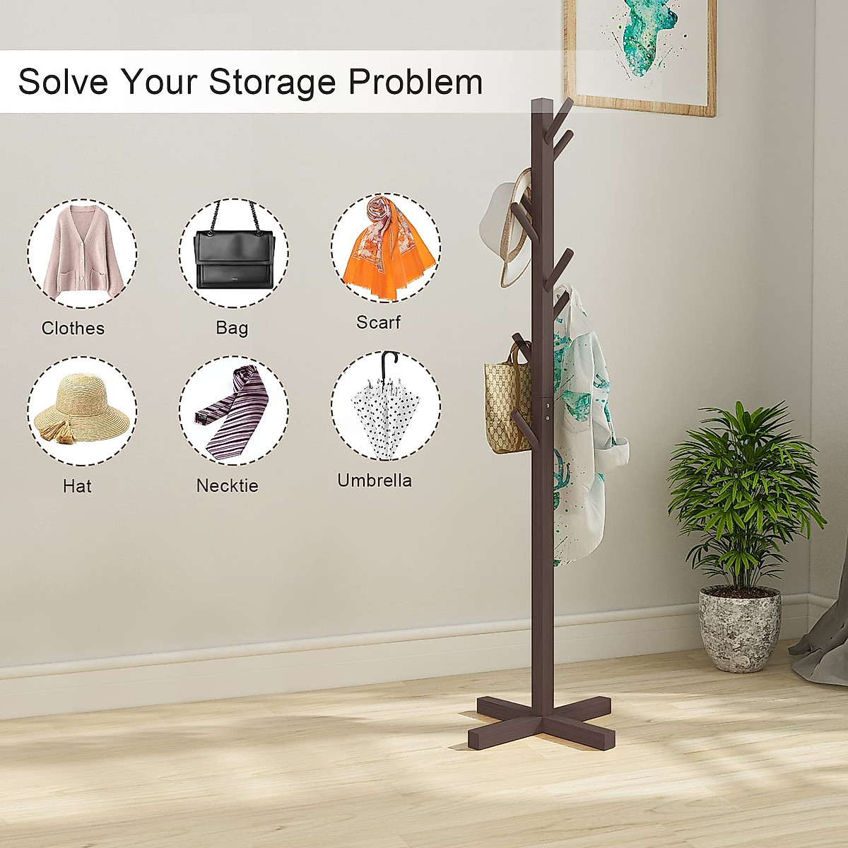 Tiasott Wooden Coat Rack Stand,Free Standing Tree Hanger,Standing Coat Rack with 8 Hooks,Hallway Entryway Clothes Hanger for Suits,Hats,Scarves,Handbags,Umbrella,Brown