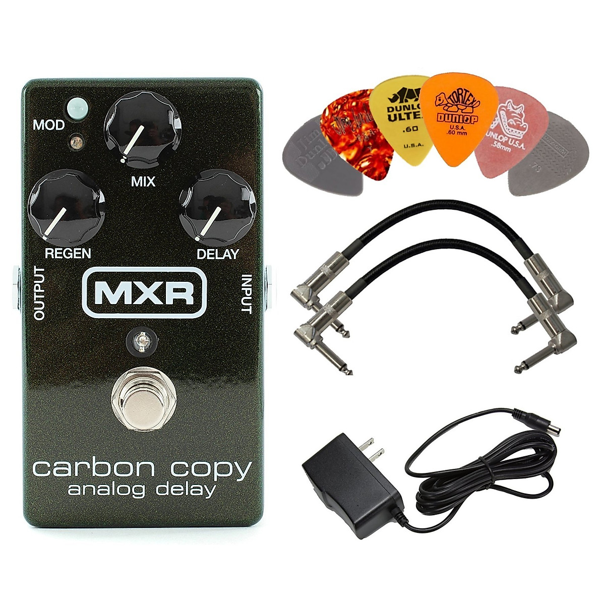 MXR M169 Carbon Copy Analog Delay Pedal BUNDLE with AC/DC Adapter Power Supply for 9 Volt DC 1000mA, 2 Metal-Ended Guitar Patch Cables AND 6 Dunlop Guitar Picks