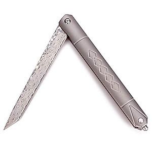 Samior GD035 Small Slim Folding Pocket Flipper Knife, 3.5 inches VG10 Damascus Tanto Blade, Grey Titanium Handle Frame Lock Pocket Clip, Sleek EDC Low Profile Gentleman's Knives