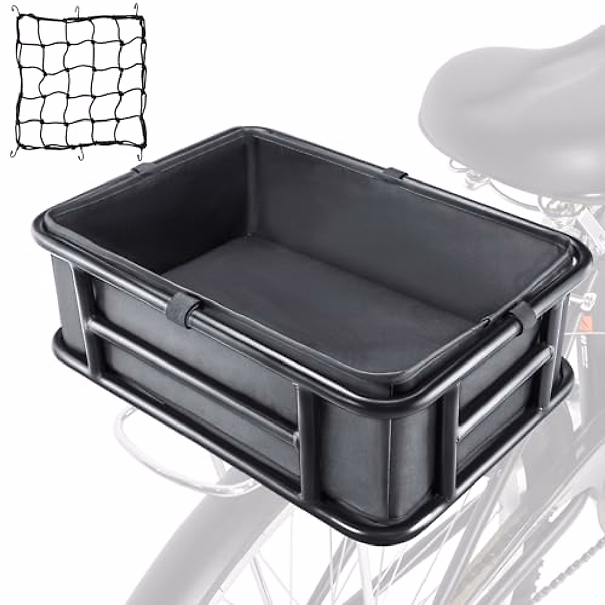 Dirza Bike Basket Rear with Liner,Cargo Net Large Rear Bike Basket,Heavy Duty Bicycle Rear Basket for Electric Bike, Ebike,Great for Bike Trip,Carrying Grocery,Ball,Dog