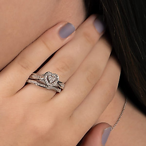 Jewelili Sterling Silver 1/5 Cttw Natural White Round Diamond Heart Bridal Set Engagement Ring, Size 7