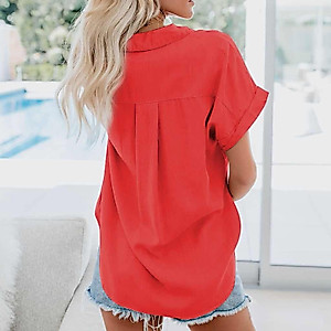 Linen Button Down Shirt Women Womens Dressy Blouses Elegant Short Sleeve Button Down Shirts Summer Causal V Neck Collared Shirt Classic Work Tops Red 2X