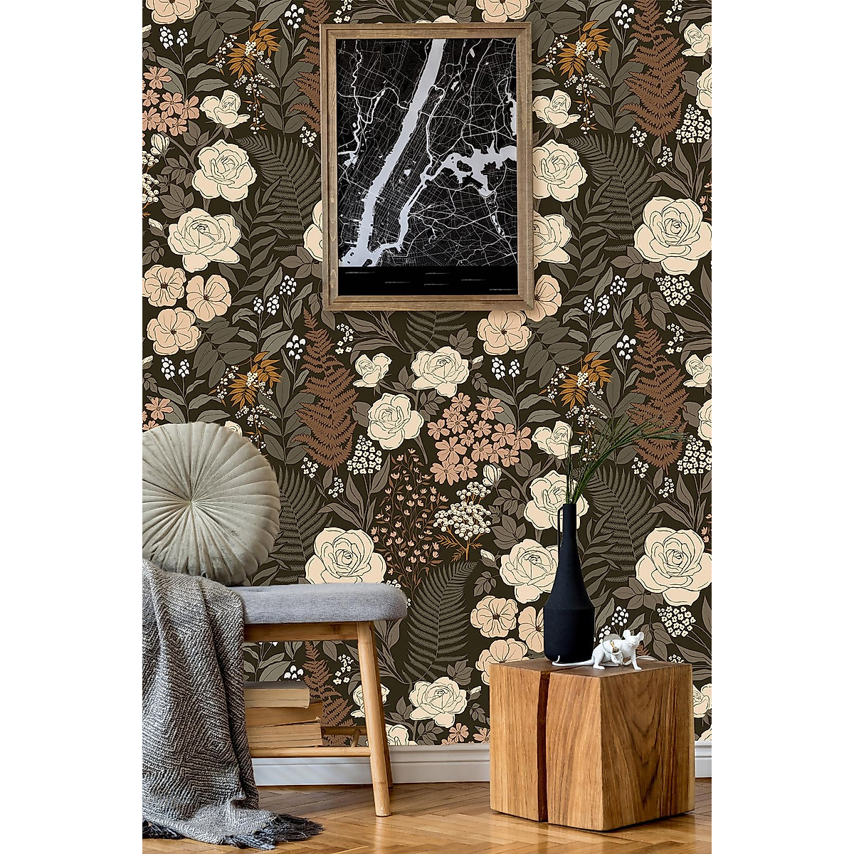 HAOKHOME Peel and Stick Wallpaper Floral Vintage Removable Rose Leaf Black/Brown/Beige Stick on Mural 17.7in x 6.6ft