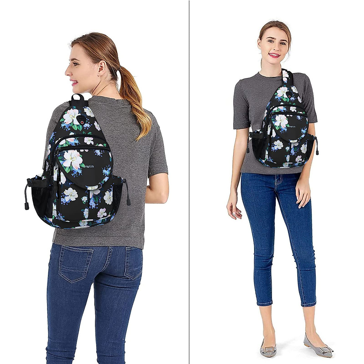 MOSISO Sling Backpack, Myrtle Flower Crossbody Travel Hiking Daypack Chest Bag with Anti-theft Pocket, Black