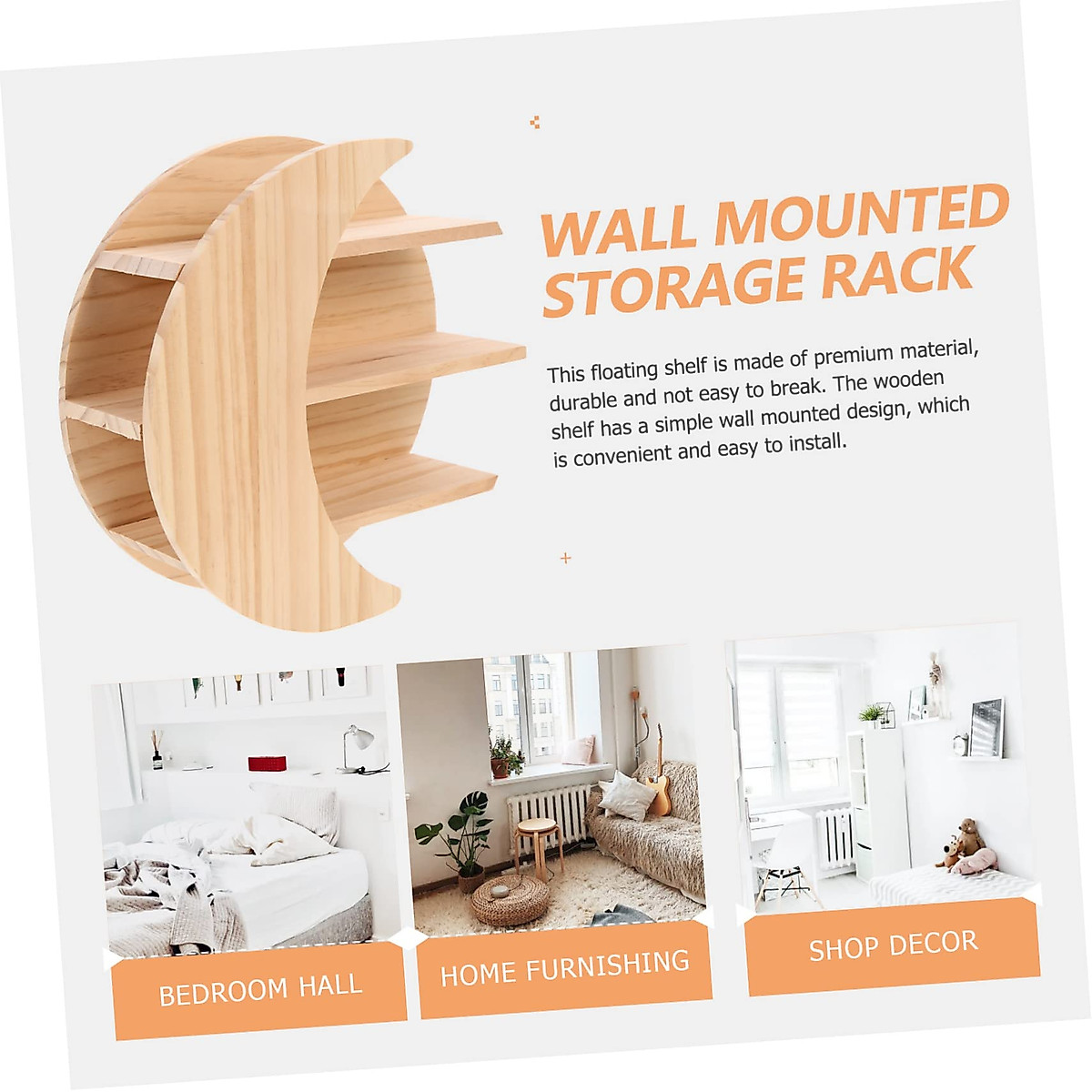 Garneck Moon Wall Mount Rustic Crystal Shelf Hanging Floating Shelves Bathroom Wall Shelf Stones Photo Frame Shelf Essential Picture Frame Stand Floating Rack Wooden Flower Pot Stand