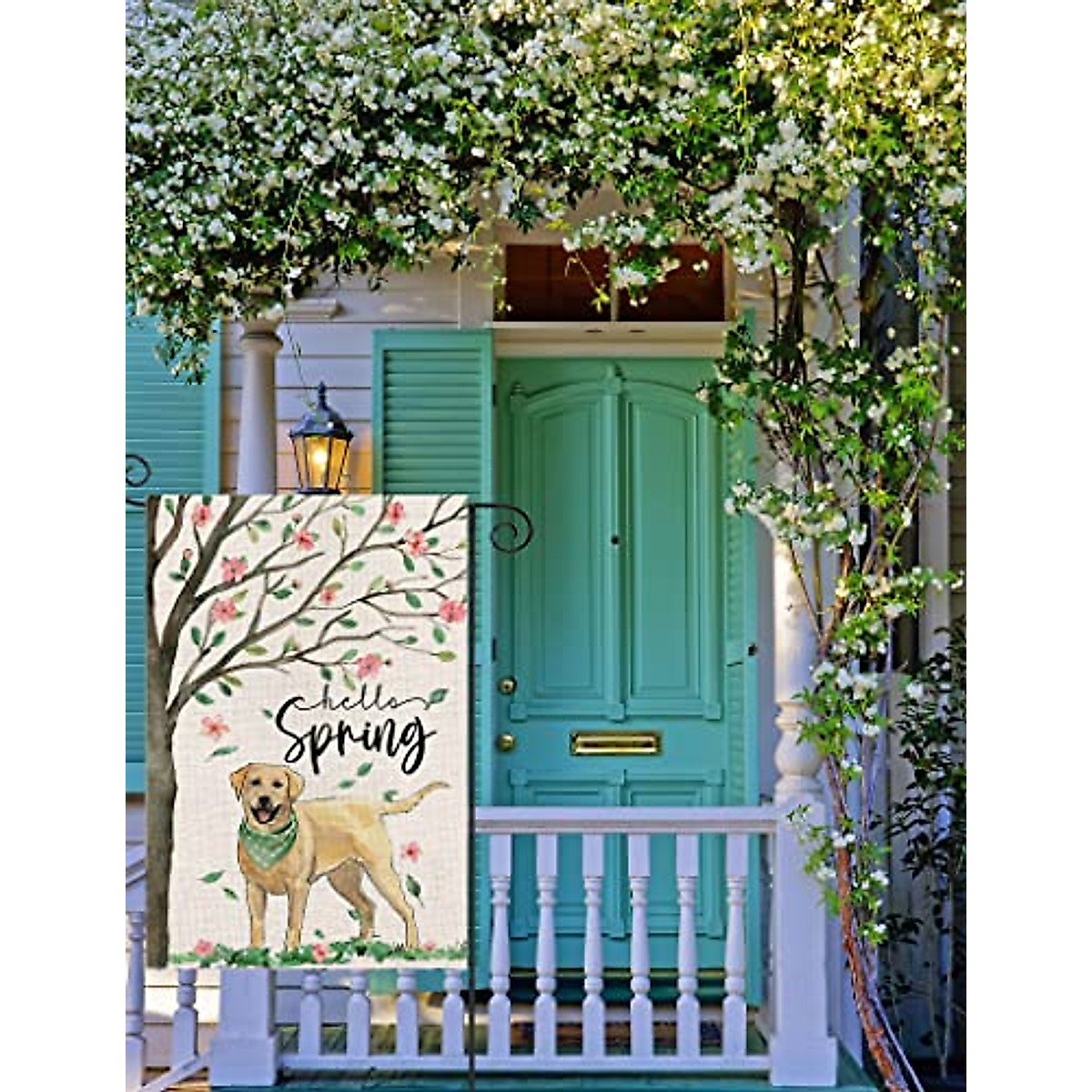 Hello Spring Dog Garden Flag 12x18 Inch Double Sided,Golden Retriever Under The Tree Small Yard Flag for Outdoor,Summer Seasonal Decors for Farmhouse Holiday Outside