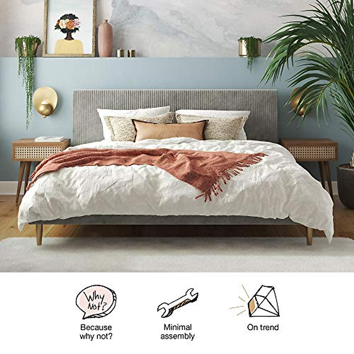 Mr. Kate Daphne Upholstered Headboard and Modern Platform Frame Bed, King, Light Gray Velvet