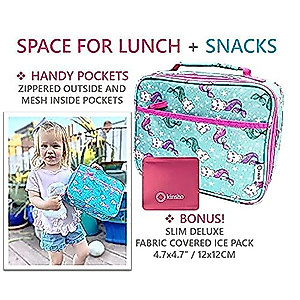 kinsho Bento Lunch Box and Matching Lunch Bag with Ice Pack Set for Girls, Toddlers (Pink Aqua Mermaid Cats)