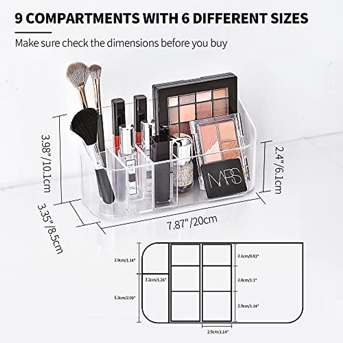 YOHOM Small Clear Makeup Organizer Tray Vanity Cosmetic Brush Holder Storage Box 9-Compartments Countertop Lipstick collection Display Case with 2 Dividers Plastic
