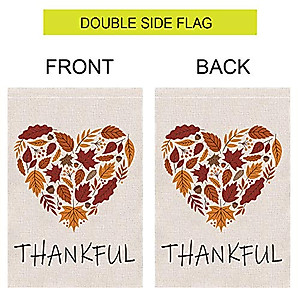 Keniot Thankful Garden Flag Burlap Autumn Leaf Heart Thanksgiving Garden Flag, Double Sided Happy Fall Harvest Rustic Yard Outdoor Decoration, 12.5 x 18.5 inch