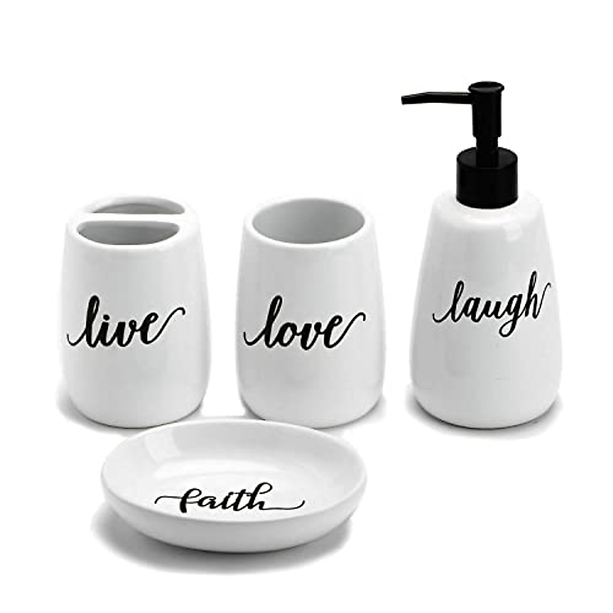 Adavas.Y&G Bathroom Accessory Sets with Sweet Quotes, Durable Ceramic Set W/Toothbrush Holder,Soap Dispenser,Tumbler, Soap Dish,Great for Farmhouse Decor (White 1)
