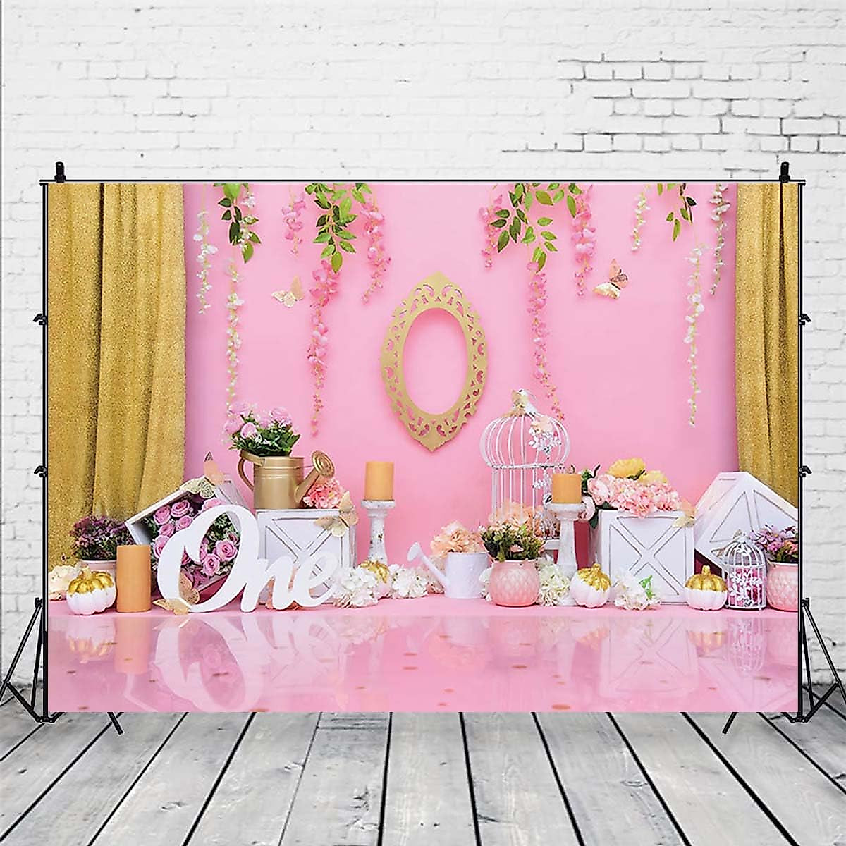 Girl 1st Birthday Photography Background Pink Floral Garden Girl Princess 1st Birthday Party Decorations Backdrop Pink Gold Girl First Birthday Party Backdrops One Year Old Cake Smash Banner (7X5FT)