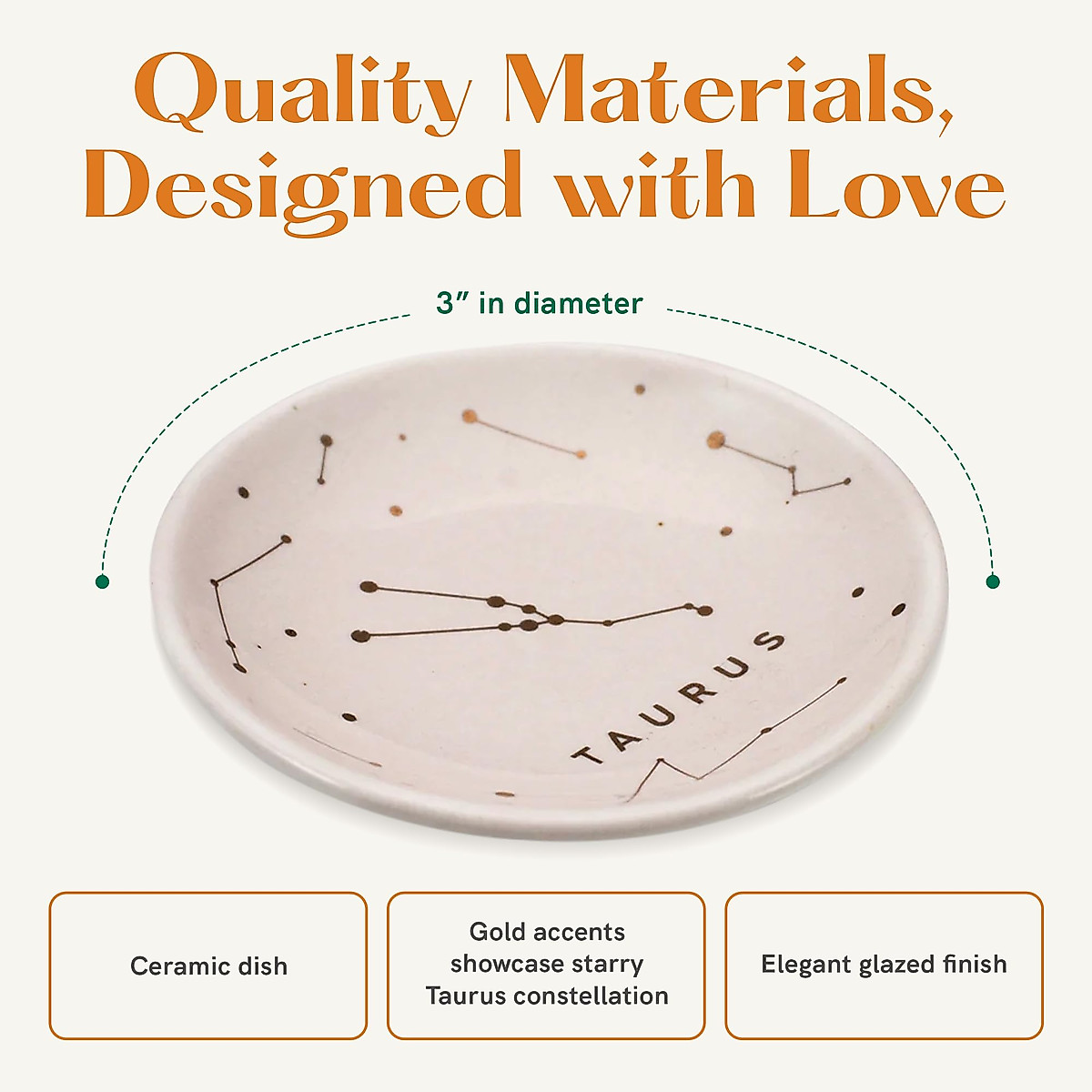 Lucky Feather Zodiac Ring Dish for Women – Glazed Ceramic Jewelry Tray with Astrological Constellation Depicted in Opulent Metallic Gold - Taurus