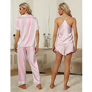 SAPJON Silk Pajamas for Women Set 4Pcs Ruffled Satin Pajamas Set Button Down Short Sleeve Cami Shorts Sleepwear Pj Set