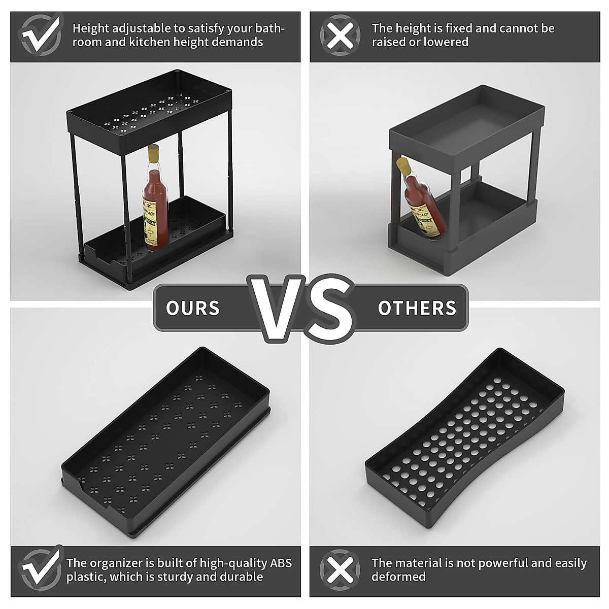 LPONJAR Adjustable Height Under Sink Organizers and Storage Bathroom Kitchen with 8 Hooks and 2 Hanging Cup, 2 Black