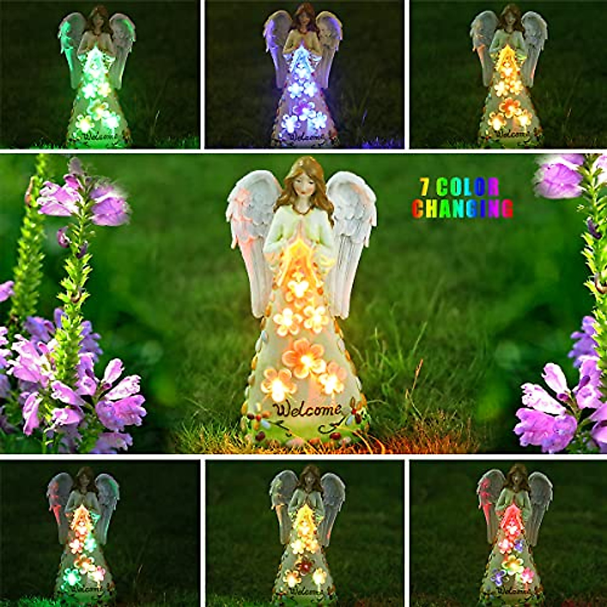 YAZJIWAN Solar Garden Light Outdoor, Angel Statues with Colour Changing Lights Decoration, Waterproof Resin Angel Figurine LED Lights for Patio,Yard, Lawn,Walkway,Tabletop,Ground Ornament Gift
