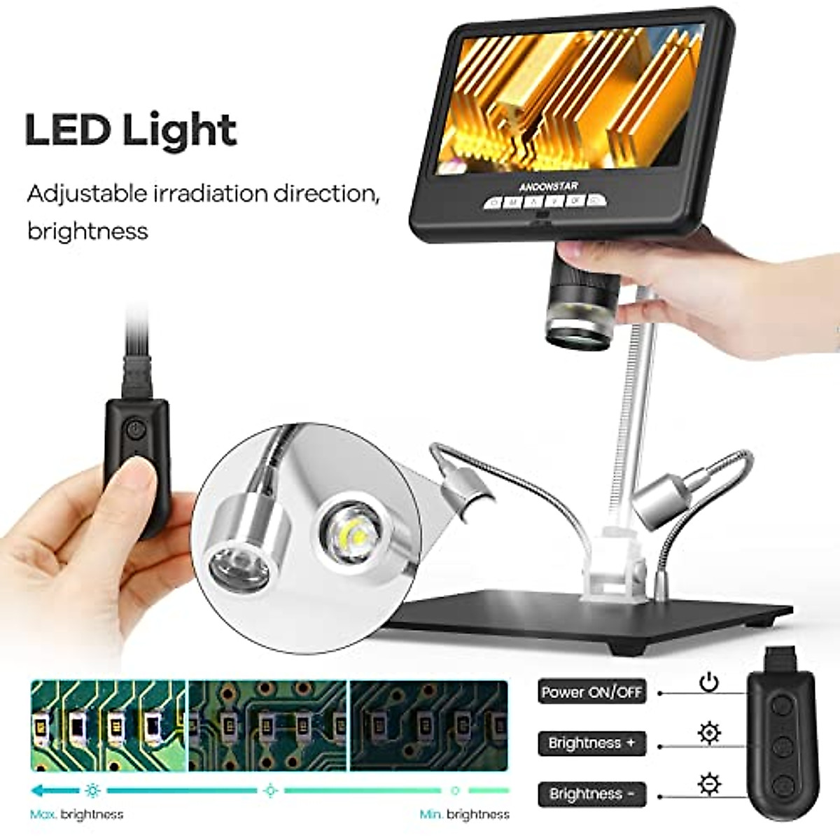 Andonstar AD207S Pro HDMI Digital Microscope, 2160P UHD Video Record, Soldering Microscope, Coin Microscope with 10 inch Stand for Full View, Bottom Light with Prepared Slides, Electronic Microscope