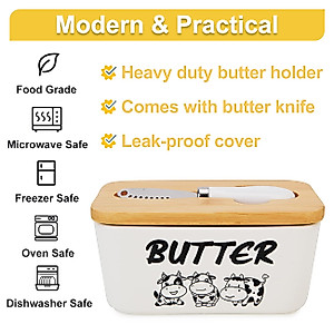 Butter Dish with Lid, Kitchenexus Ceramic Butter Keeper with Bamboo Cover & Butter Knife Spreader, Porcelain Butter Bowl Holder Container Perfect for Butter West or East Coast Butter