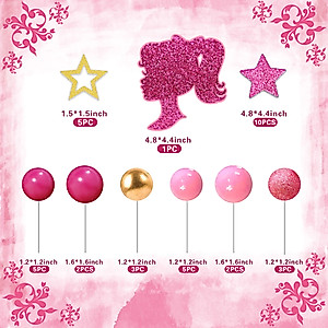36 PCS Hot Pink Girl Cake Topper Balls Cake Decorations with Pink and Gold Balls Shiny Stars for Wedding Baby Shower Anniversary Girl Birthday Themed Party Supplies (Stars)