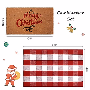 Christmas Door Mat Combo Set - 100% Coco Coir Welcome Mat + 28 x 43 Inch Red and White Plaid Rug, New Year Holiday Christmas Collection Doormat for Front Porch Entryway Decorative