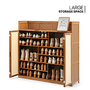 MoNiBloom Bamboo 6 Tier Freestanding Boho Shoe Storage Cabinet Organizer Shelf Stand Unit Up to 25 Pairs for Boots Heels Sneakers Sandals, w/Doors, Brown