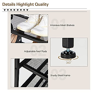 COSTWAY Shoe Rack, 5-Tier Free Standing Shoe Storage Organizer with Wooden Top, 4 Metal Mesh Shelves for 16-20 Pairs Shoes, Adjustable Protecting Feet for Entryway, Hallway, Rustic Brown and Black