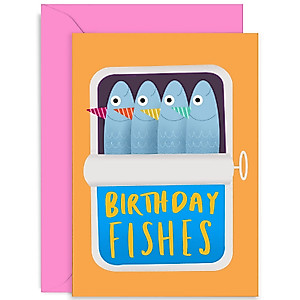 Old English Co. Birthday Fishes Card for Men and Women - Funny Happy Birthday Greeting Card for Him or Her - Sardine Fish Can - For Brother, Sister, Cousin, Friend | Blank Inside with Envelope