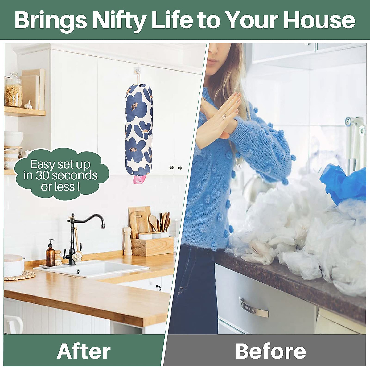 TOGETRUE Plastic Bag Holder, Lightweight Grocery Bag Holder for Plastic Bags, Wall Mount Floral Plastic Bag Storage Organizer, Reusable Shopping Bag Holder Dispenser for Kitchen Pantry (Classic Blue)