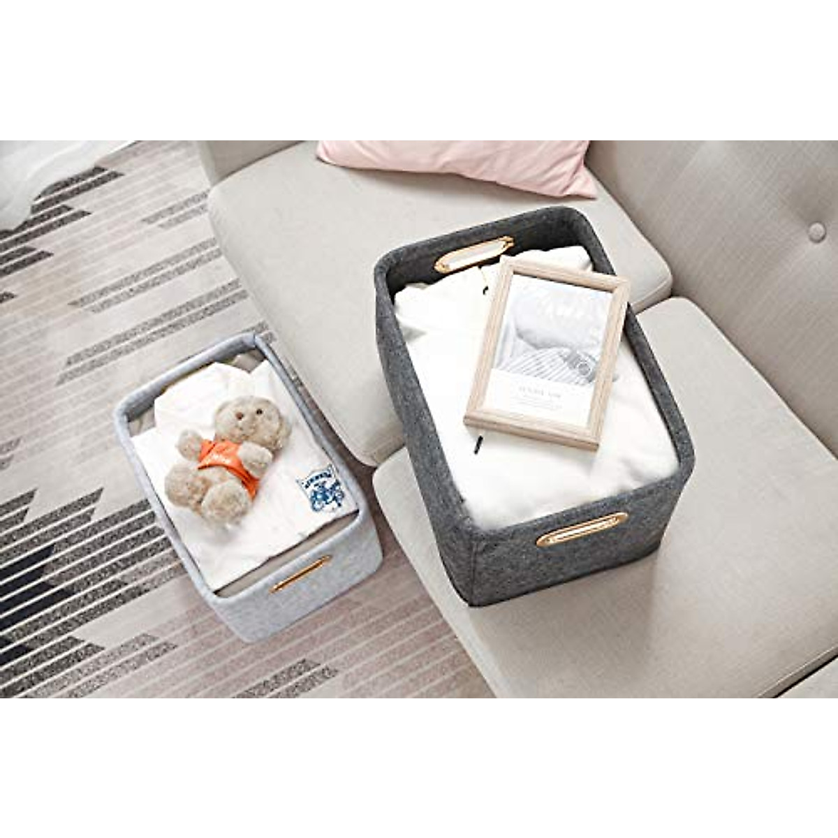 Collapsible Storage Bins Foldable Felt Fabric Storage Basket Organizer Boxes Containers with Handles Metal Handles for Nursery Toys,Kids Room,Clothes,Towels,Magazine (Dark grey）