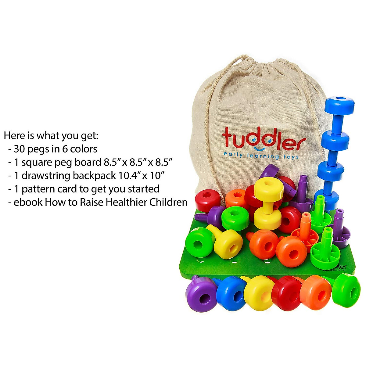 Tuddler Toddler Peg Board Sensory Toys/Montessori Toys for Toddlers/Fine Motor Skills Toys/Educational Toys / 30 Pieces Stackable Pegs + Pattern Card + Drawstring Backpack + E-Book