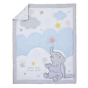 Disney Dumbo Shine Bright Little Star White, Gray, and Aqua Cloud 3 Piece Nursery Mini Crib Bedding Set - Comforter and Two Fitted Mini Crib Sheets