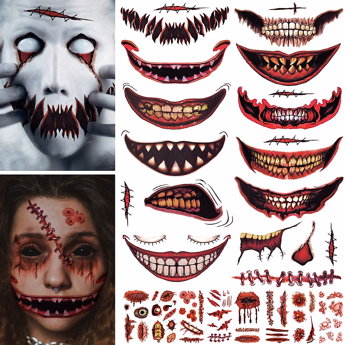 75+ PCS 21 Sheets Halloween Prank Makeup Temporary Tattoos, Horror Clown Face Tattoos, Face Decals Fake Tattoos for Adults and Kids, Zombie Makeup Scar Cosplay Halloween Tattoos for Party Halloween