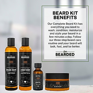 Live Bearded Complete Beard Grooming Kit, Made in the USA with All-Natural Ingredients - Beard Wash, Conditioner, Beard Butter & Beard Oil Kit - Mens Beard Grooming Set, in Scent 1880, Sweet Bourbon