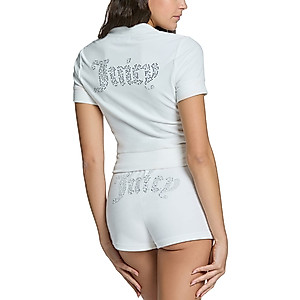 Juicy Couture Solid Short Sleeve Zip Up with Back Pearl Hotfix Cream Soda XL (US 14)