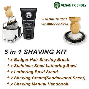KIKC 5 in 1 Odorless Shaving Kit, Set Include Hand Crafted Synthetic Hair Bristle Shave Brush, Stainless Steel Lathering Bowl, Shave Brush Stand, Shaving Cream, Shave Manual, Best Gift for BeardedMan