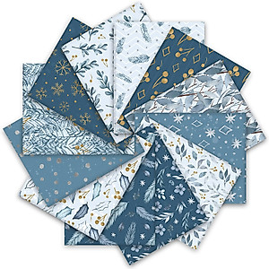 Whaline 12Pcs Winter Cotton Fabric Bundles Watercolor Christmas Fat Quarters White Blue Snowflake Leaves Printed Sewing Fabrics for DIY Handmade Crafting, 18 x 22 Inch