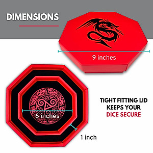 Luck Lab 8 Inch Dice Tray – Red - with Lid and Dice Staging Area for RPG Table Top Gaming- Dragon Design