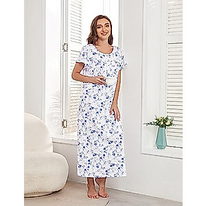 IZZY + TOBY Cotton Nightgowns for Women Soft Short Sleeve Knitted Night Gown Ladies Long Nightdress Sleepwear Blue Morning Bulls M