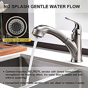 Kitchen Faucet with Sprayer, Brushed Nickel Kitchen Sink Faucet with Pull Out Sprayer, Single Handle 1 Hole Kitchen Faucet Solid Brass Commercial RV Kitchen Faucet 2 Modes & 150°Rotation & No Lead