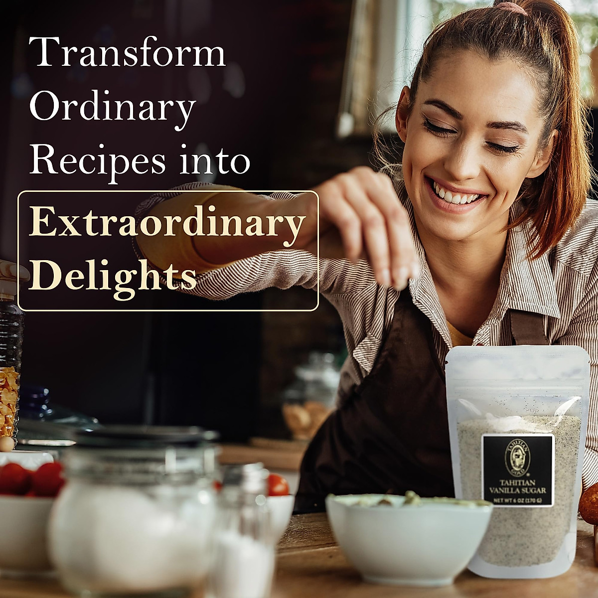 Tahitian Gold, Premium Tahitian Vanilla Sugar [Pack of 2], Tahitian Ground Vanilla Beans Aged in Organic Cane Sugar, Perfect for Coffee, Tea, Baking, Margarita Rim, and More (6 oz Pouch, 2 Pack)